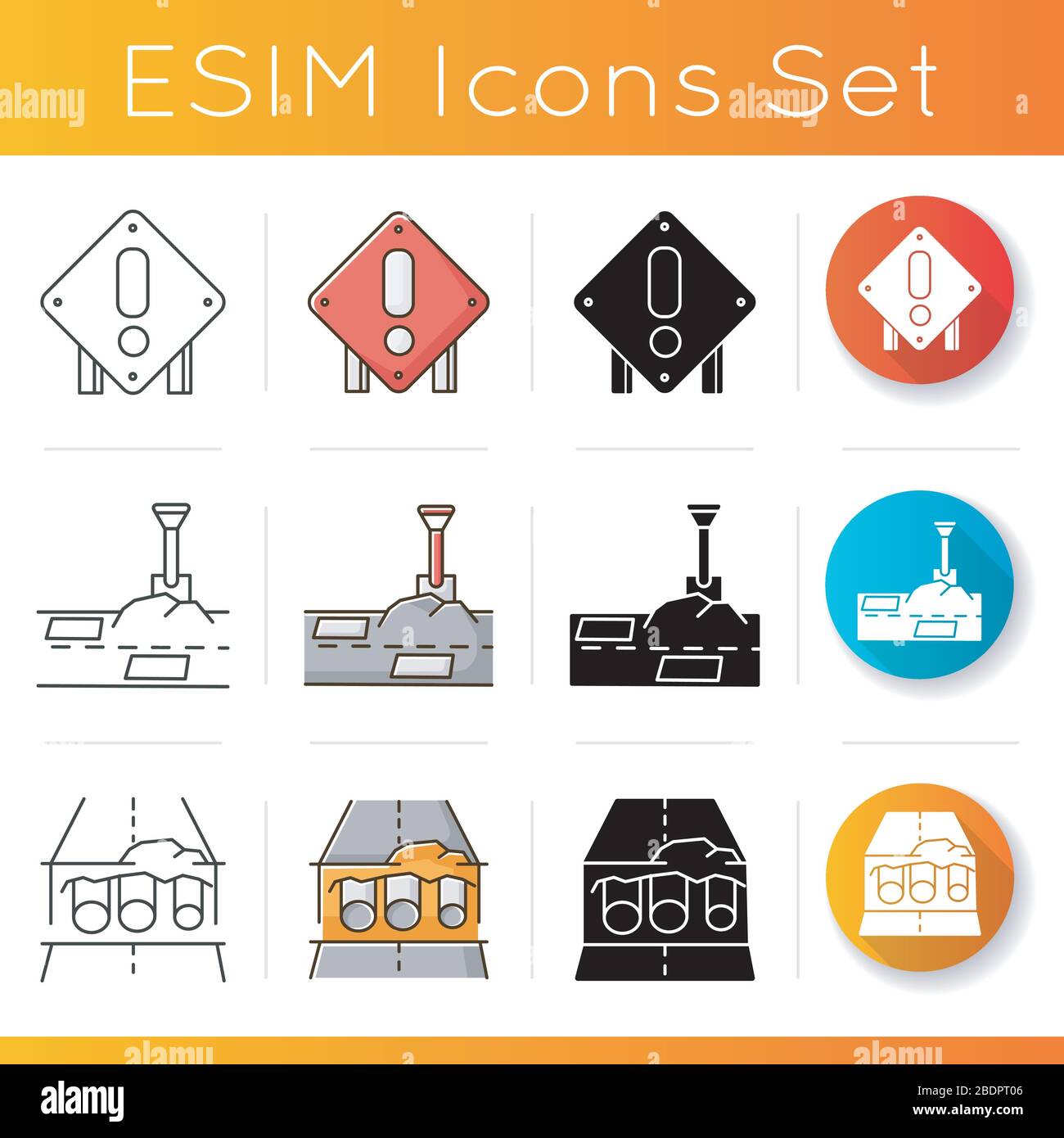 Road works icons set. Attention roadsign. Patching works. Pothole in ...