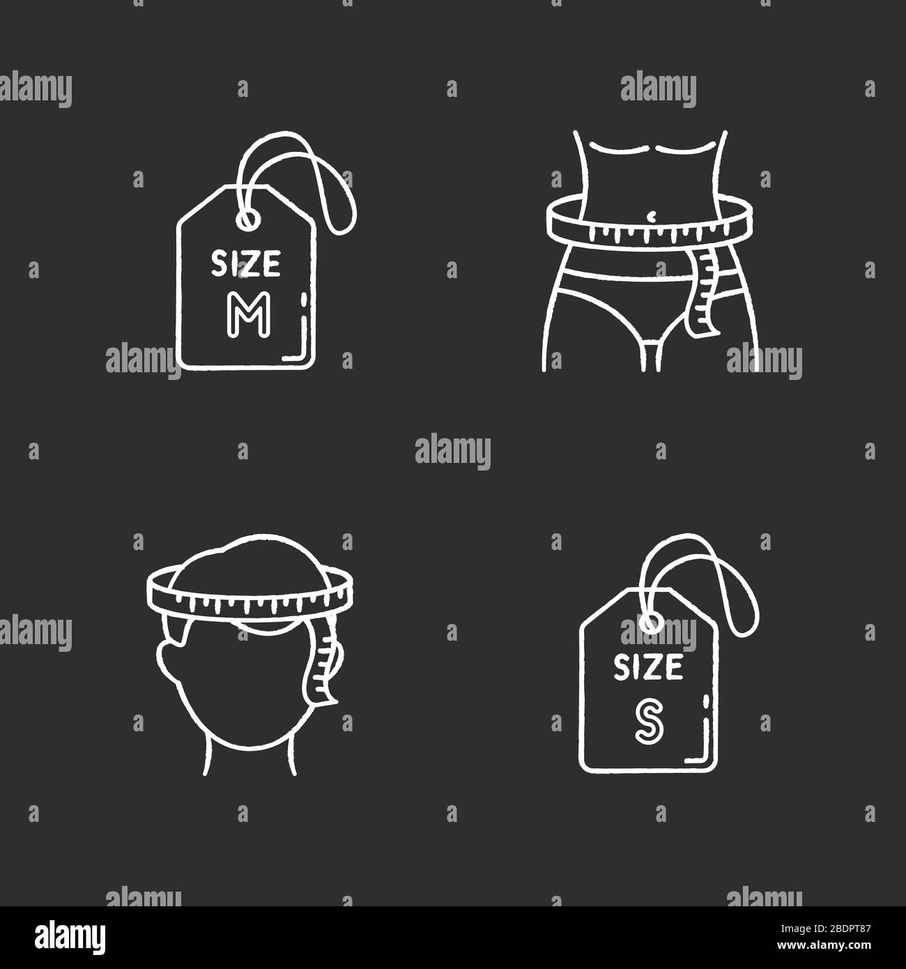 Size tags and measurements chalk white icons set on black background ...