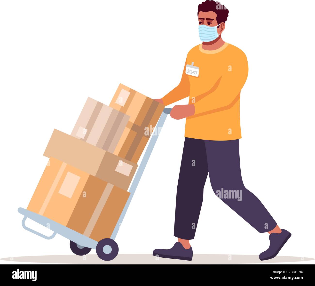 Delivery guy in surgical mask semi flat RGB color vector illustration ...