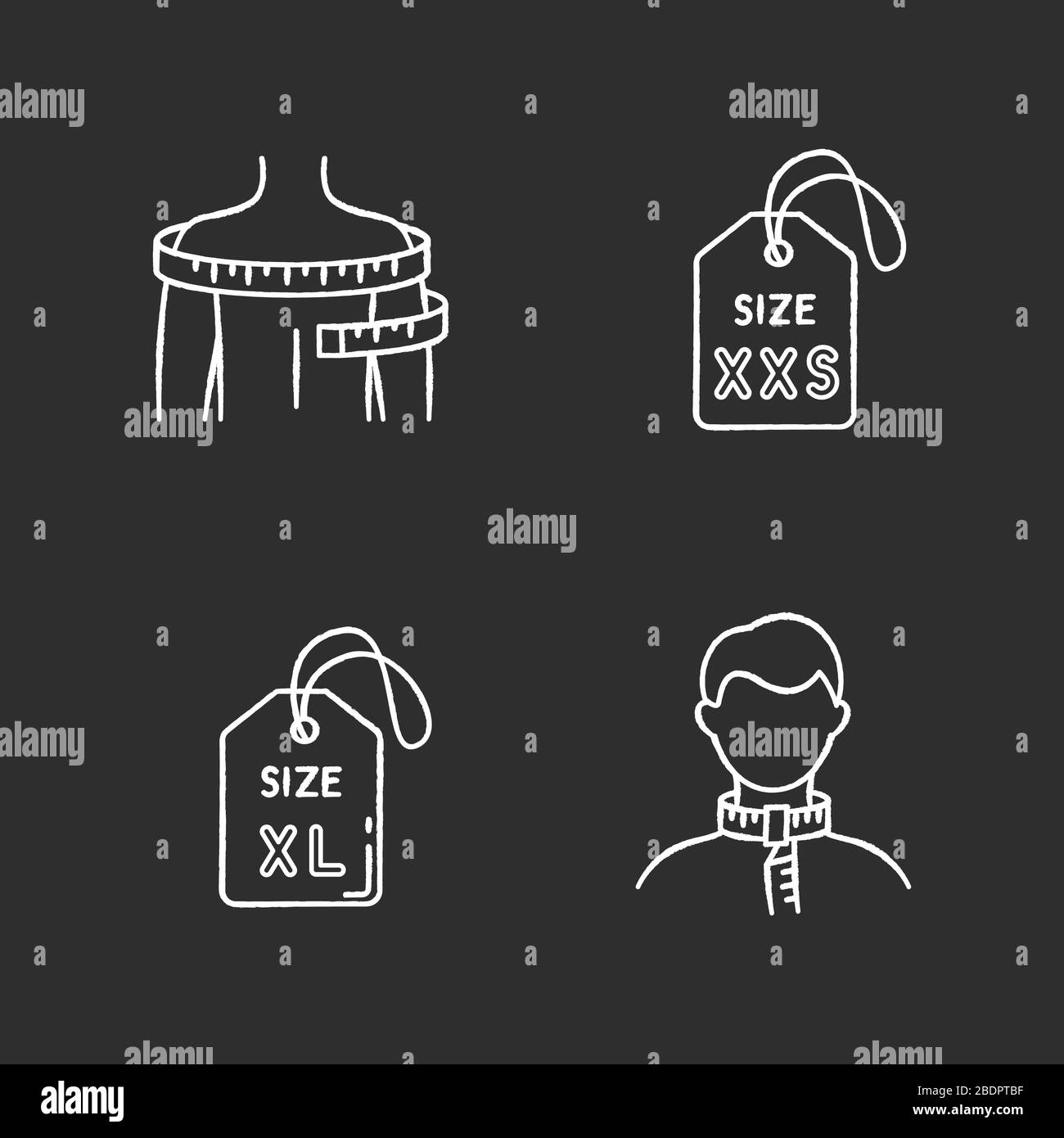 Clothing size tags and body measuring chalk white icons set on black ...