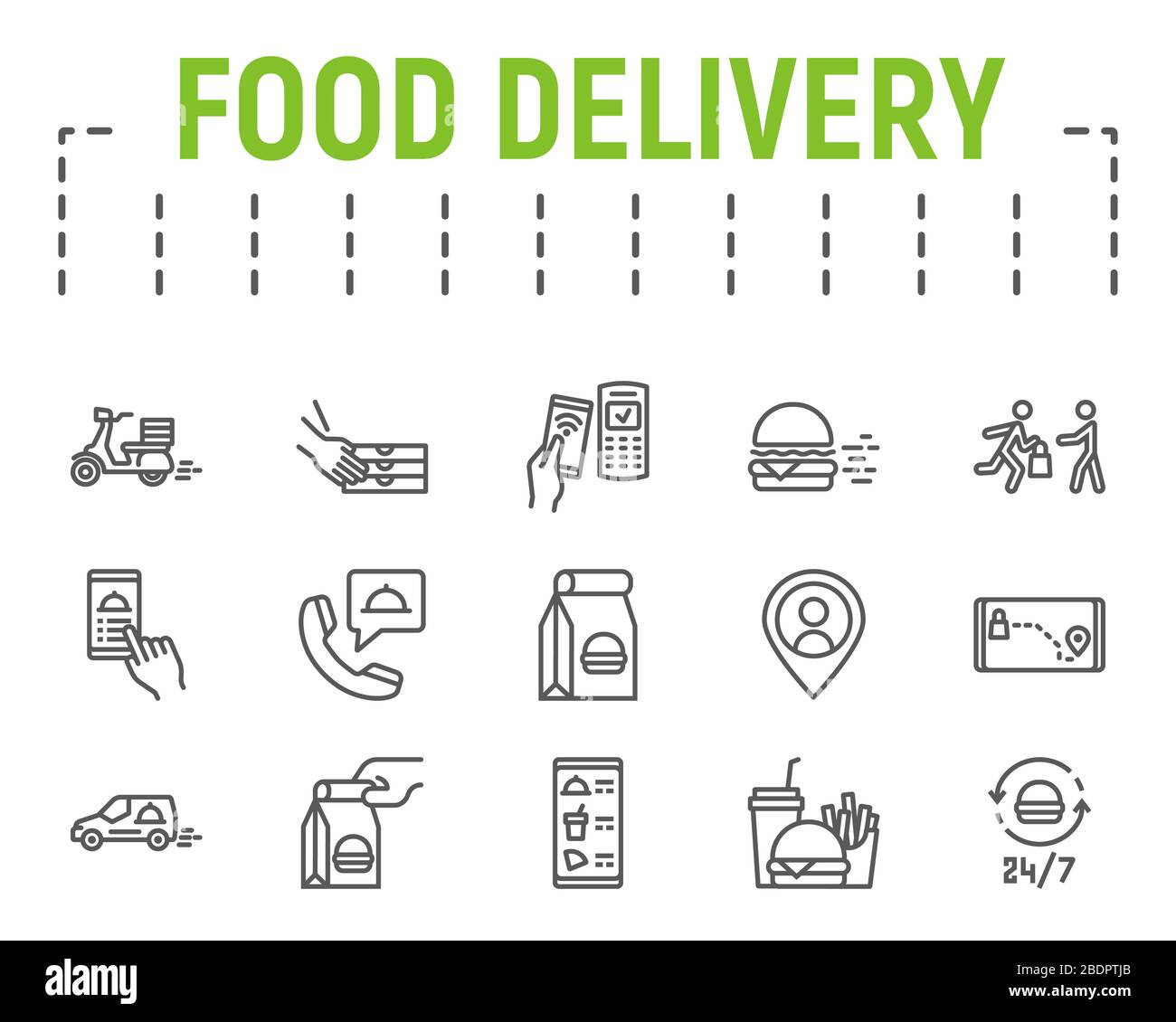 Food delivery line icon set, fast food symbols collection, vector sketches, logo illustrations ...