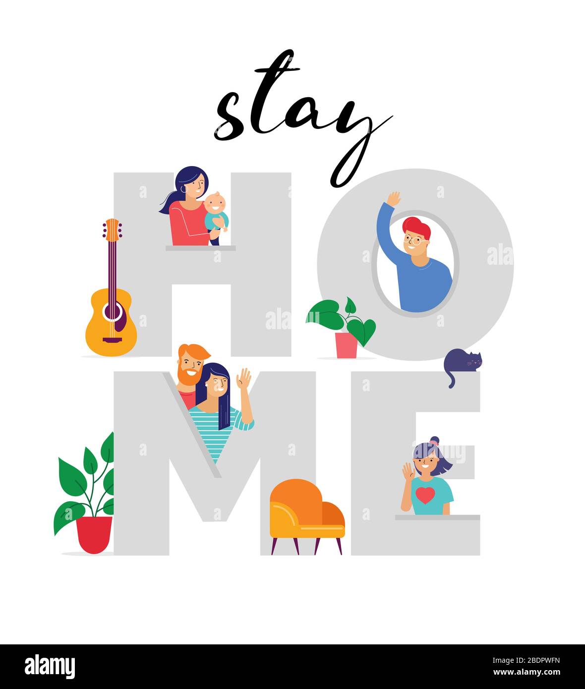 Stay at home, concept design. Different types of people look out and ...