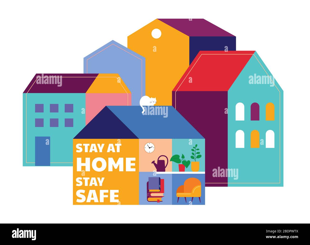 Stay at home, concept design. House facade with different types of ...