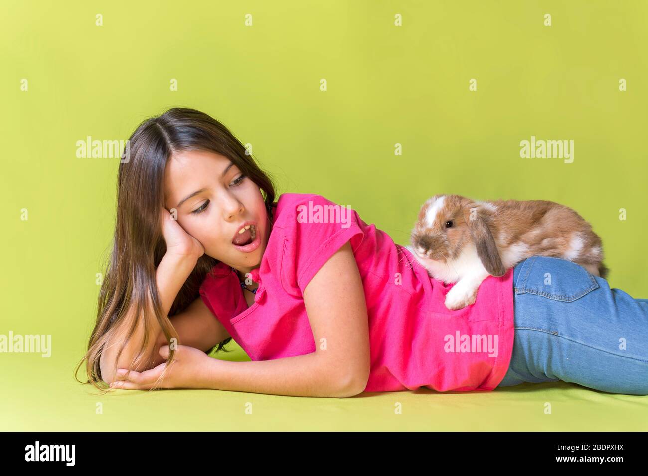 Little girl playing with her pet rabbit lying on the floor with the ...