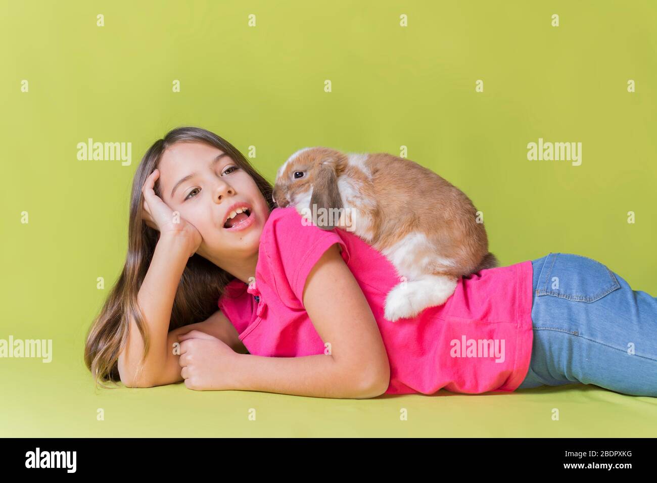 Little girl playing with her pet rabbit lying on the floor with the ...