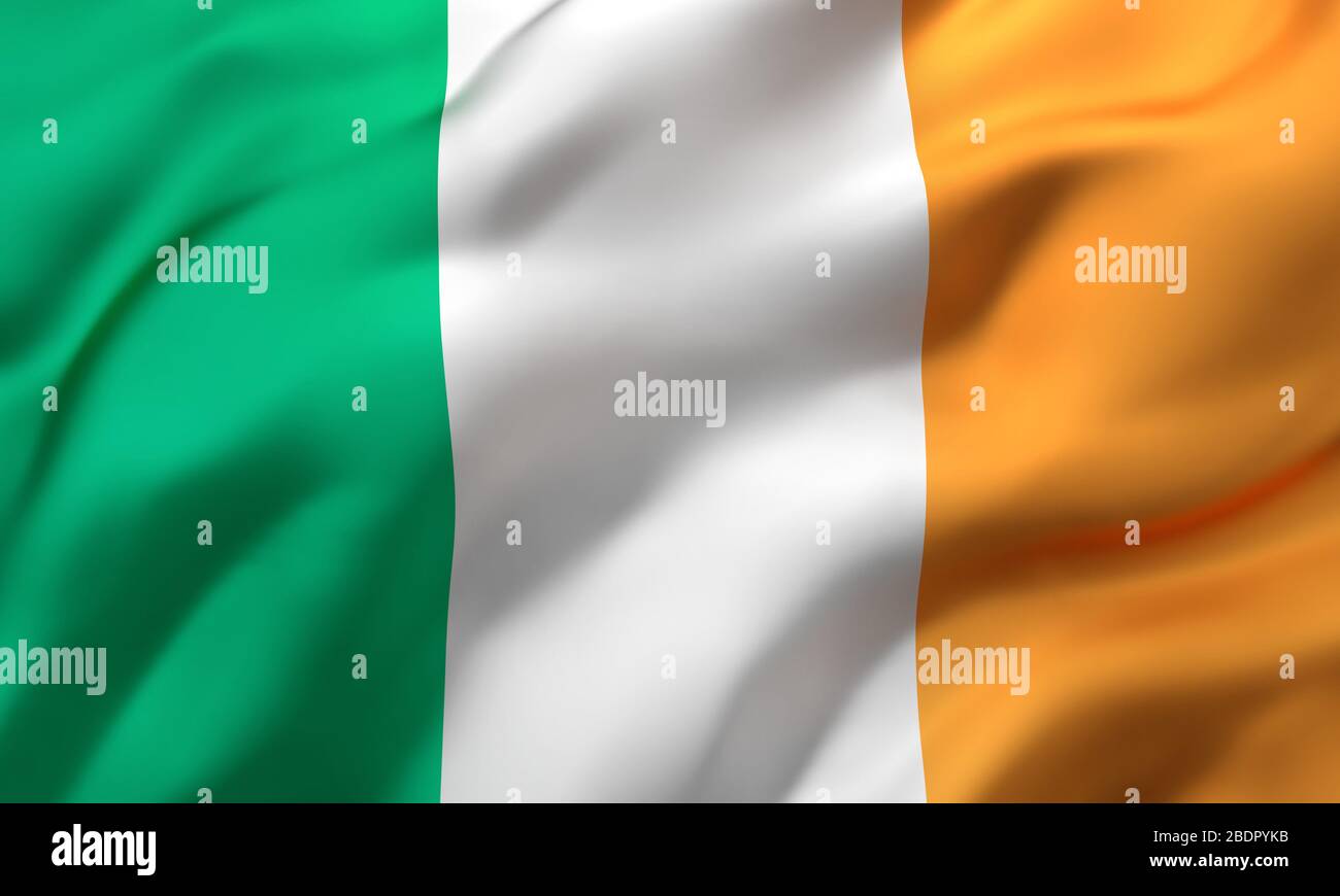 Flag of Ireland blowing in the wind. Full page Irish flying flag. 3D ...