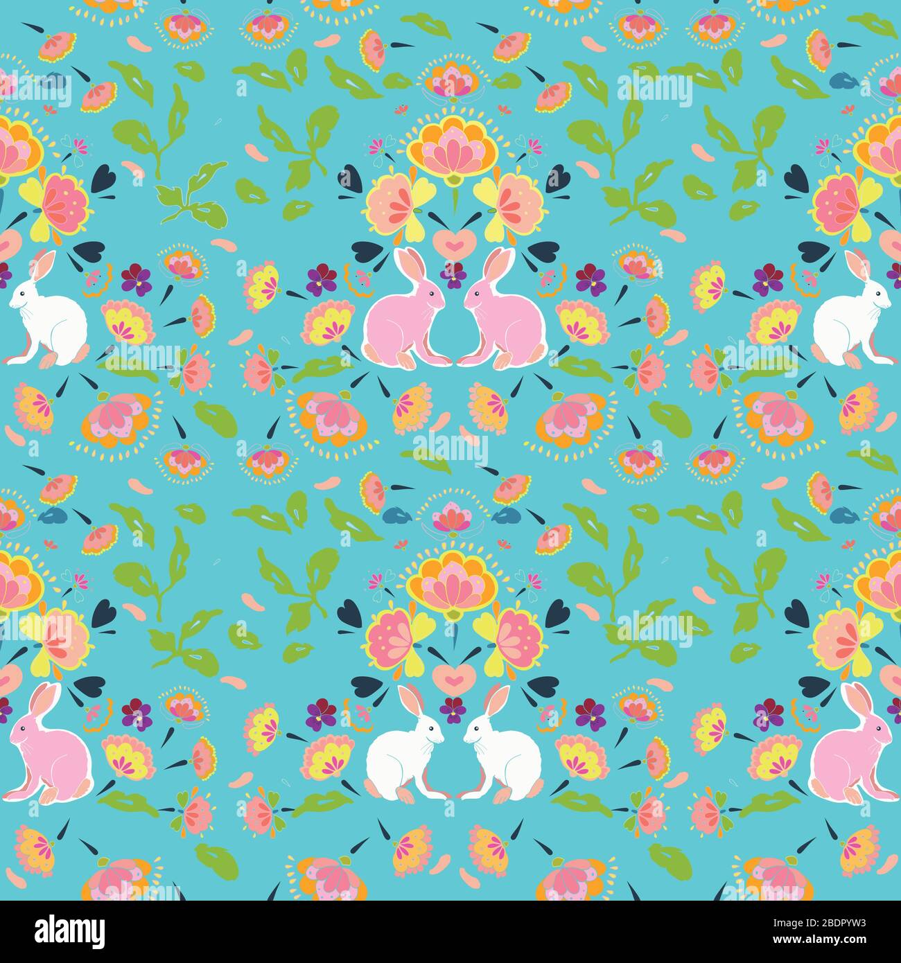 Vector folk art boho vibrant easter bunny pattern on white turquoise ...