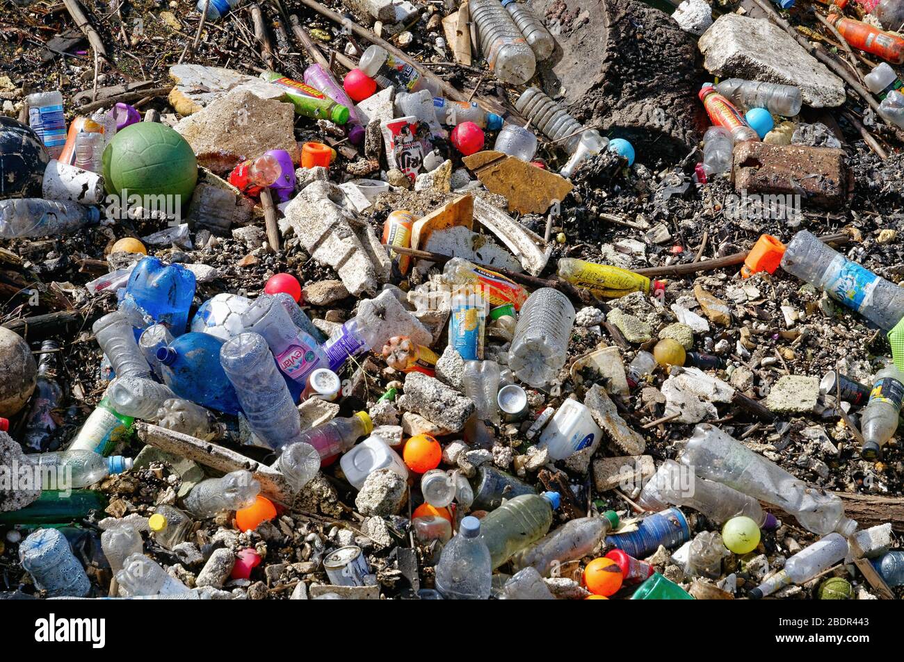 Close up of a mixture of polluting plastic waste forming an unsightly ...