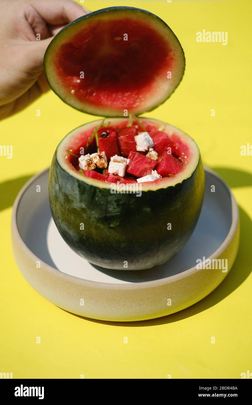 Watermelon Rocket Feta Salad with cheese Stock Photo - Alamy