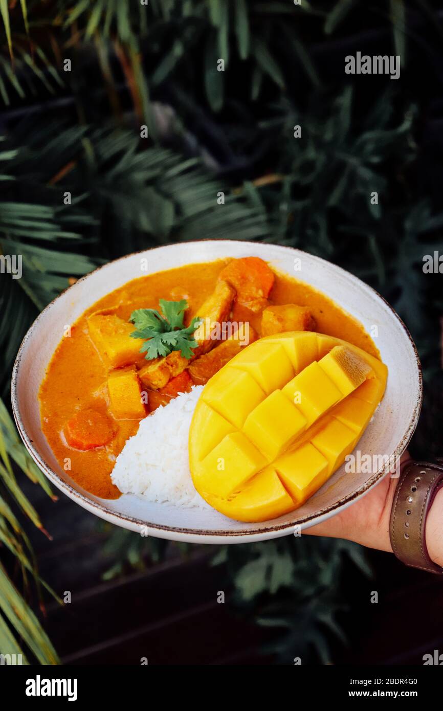 Mango chicken curry with rice in white plate served to you Stock Photo ...