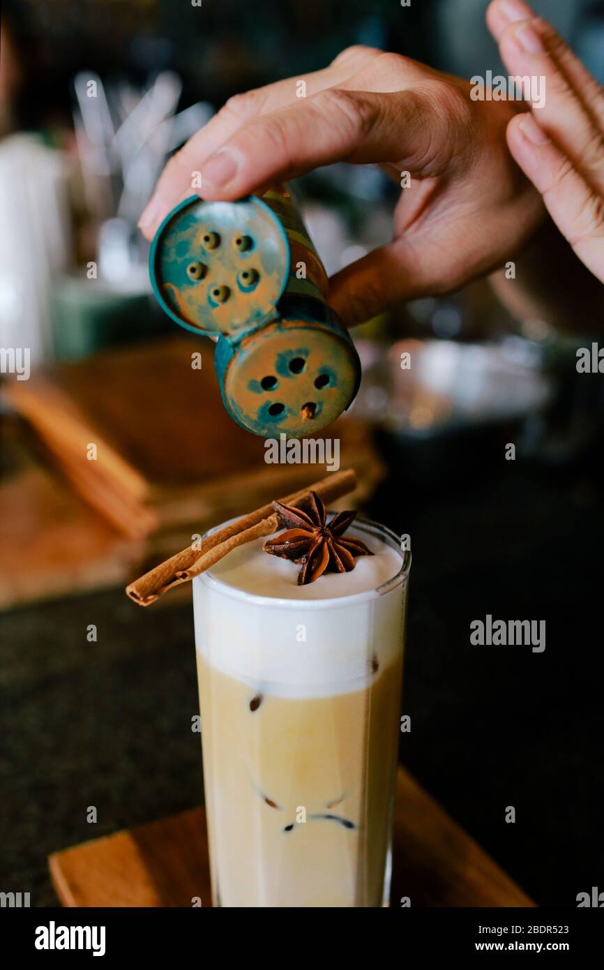 Coffee in beautiful glass with decoration in industrial interior design ...