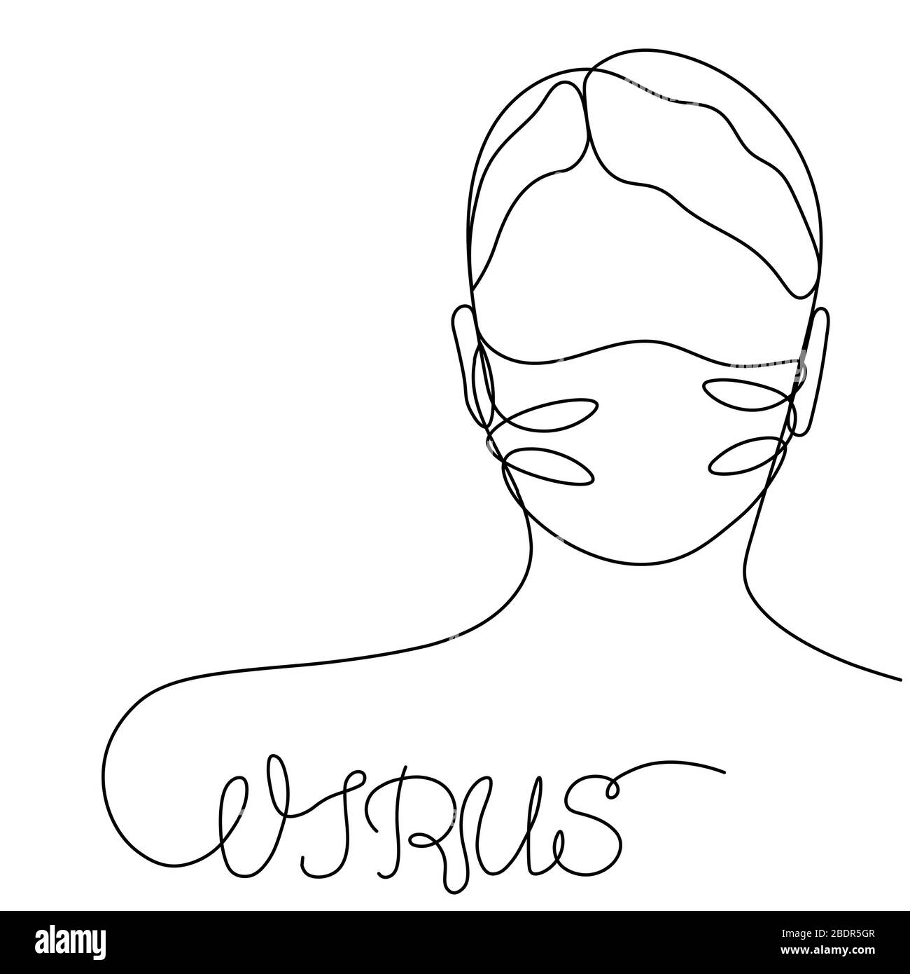 Virus girl in a protective mask, profile portrait drawn in one line ...