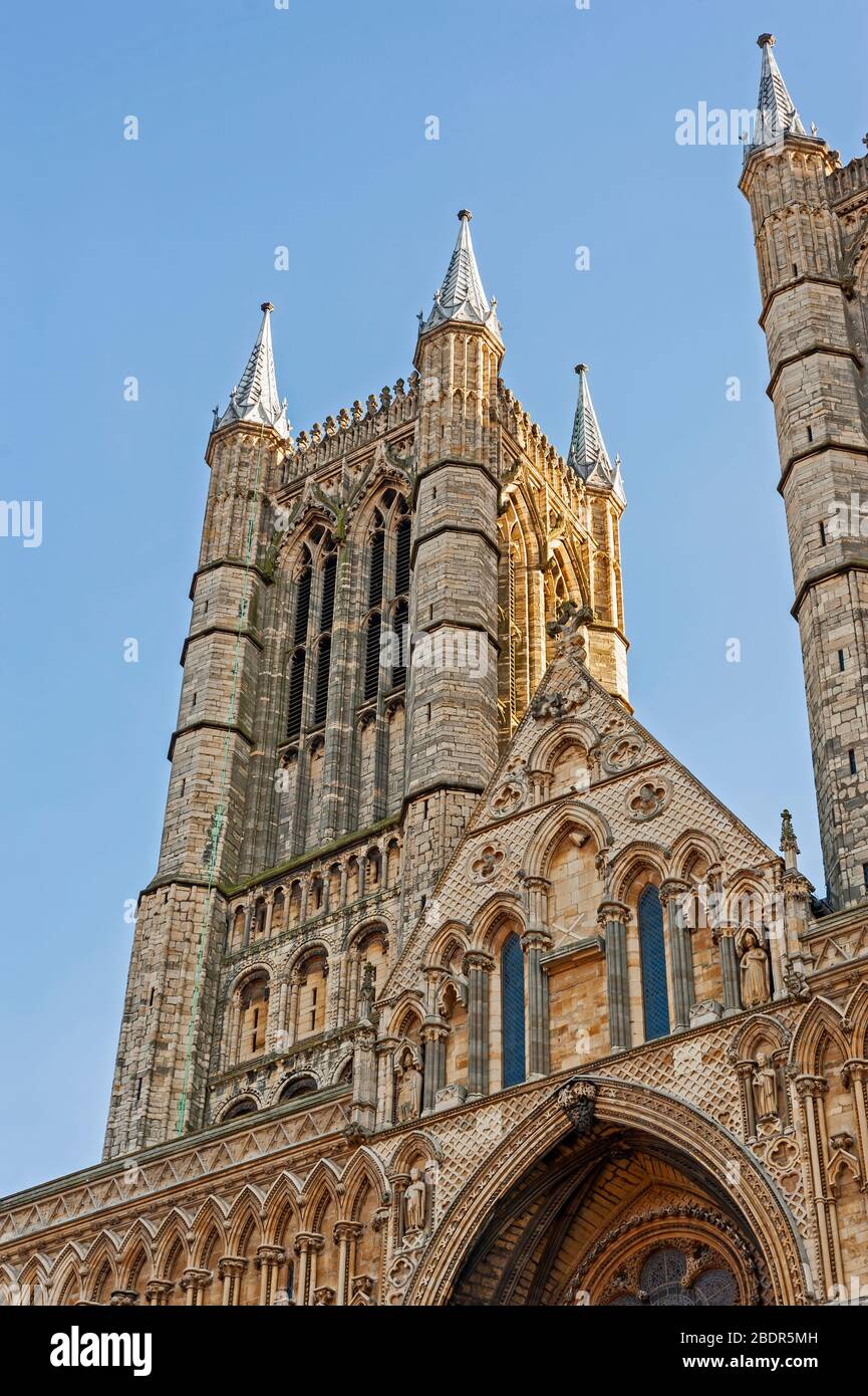 Front of large old medieval english city cathedral with towers Stock ...
