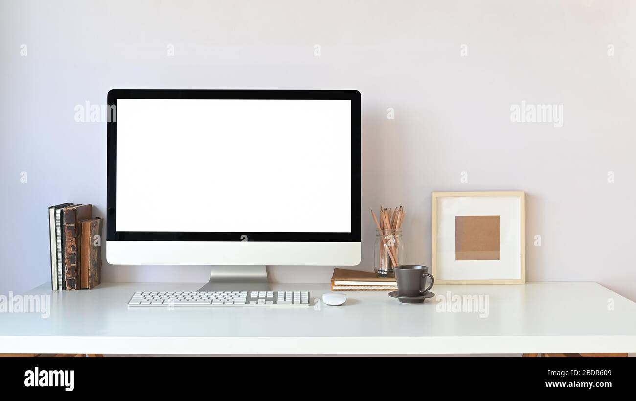 Workspace Computer Monitor With White Blank Screen Putting On White