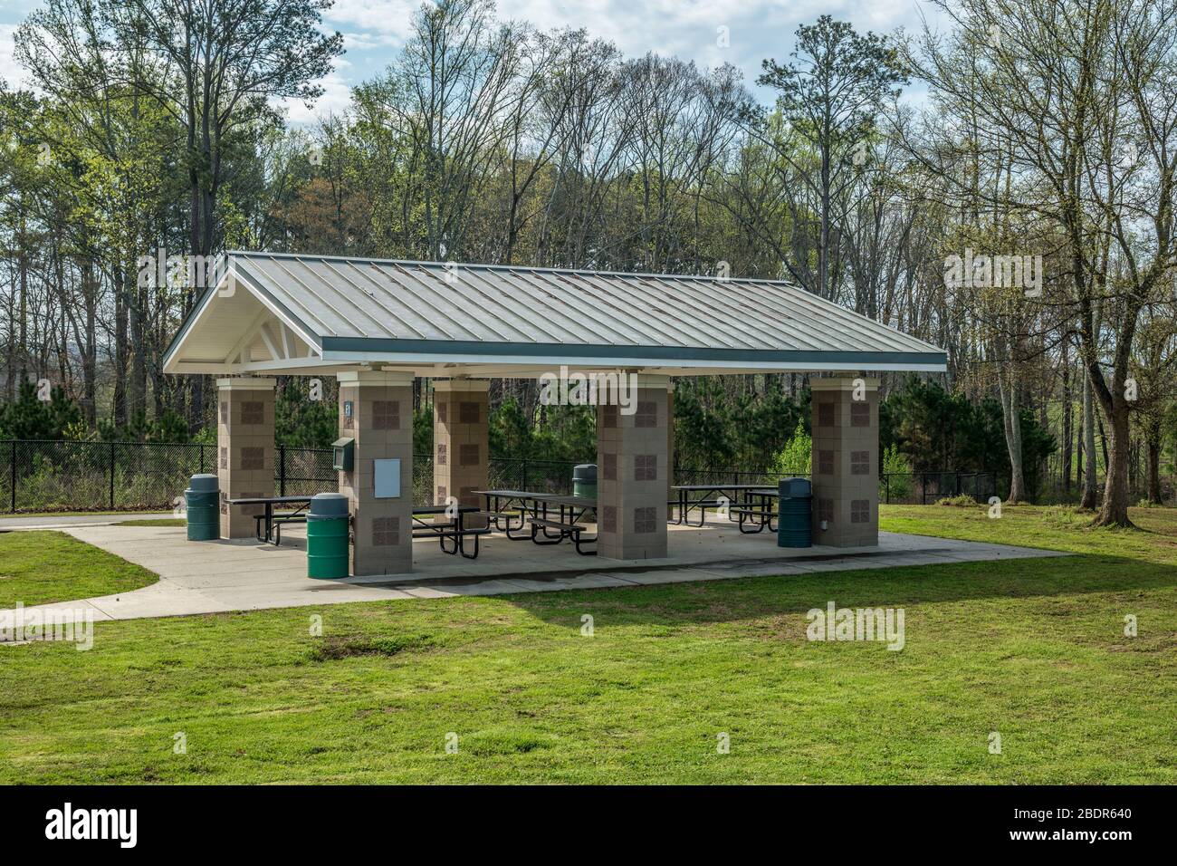 Empty picnic pavilion in a park is closed due to the Coronavirus stay ...
