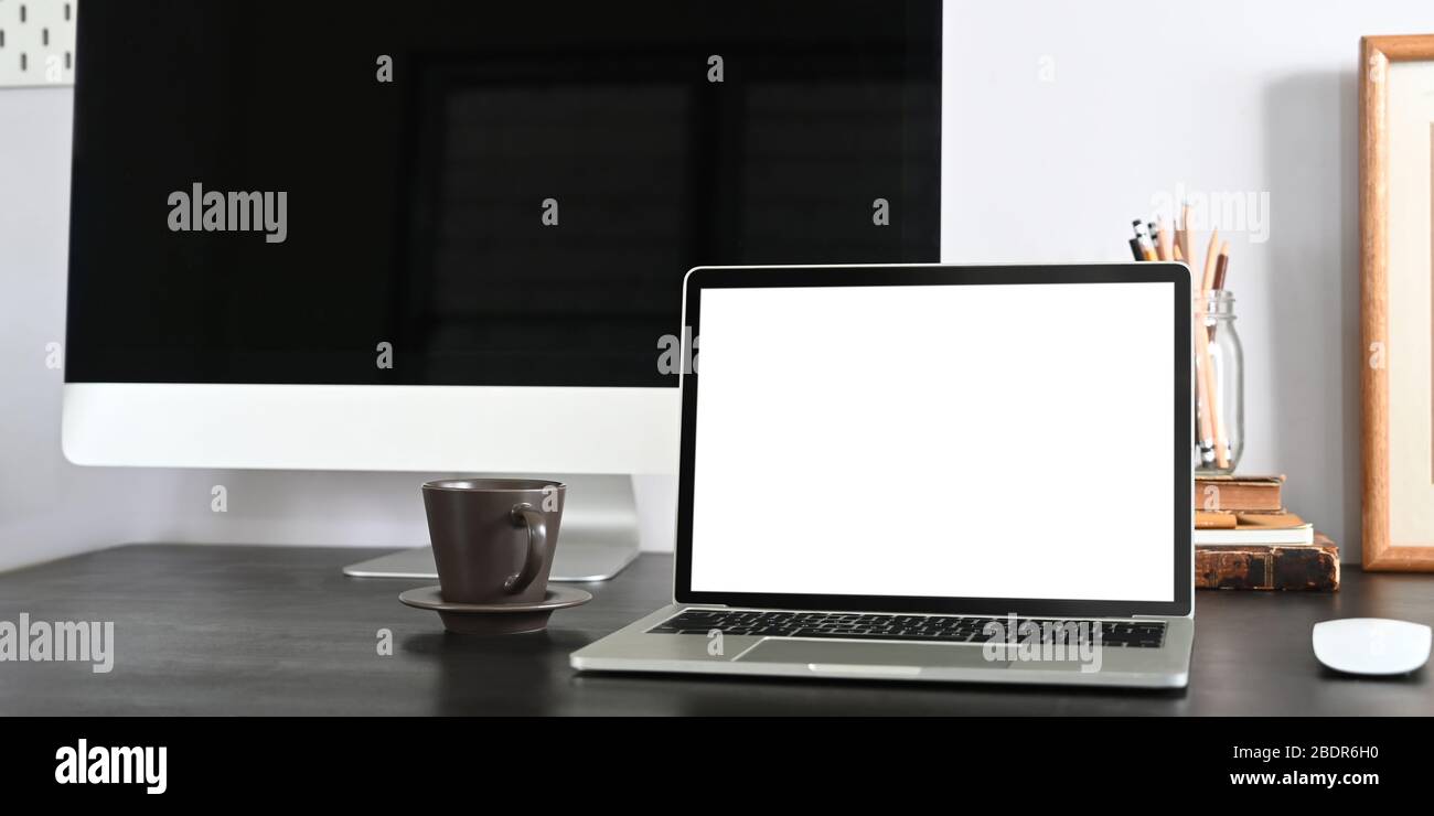 Closeup Laptop computer putting on white working desk together with ...