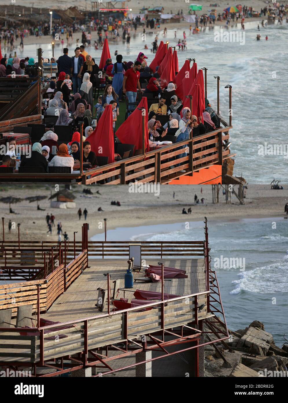 Gaza. 7th Apr, 2020. Combo photo shows Palestinians at a cafe on the ...