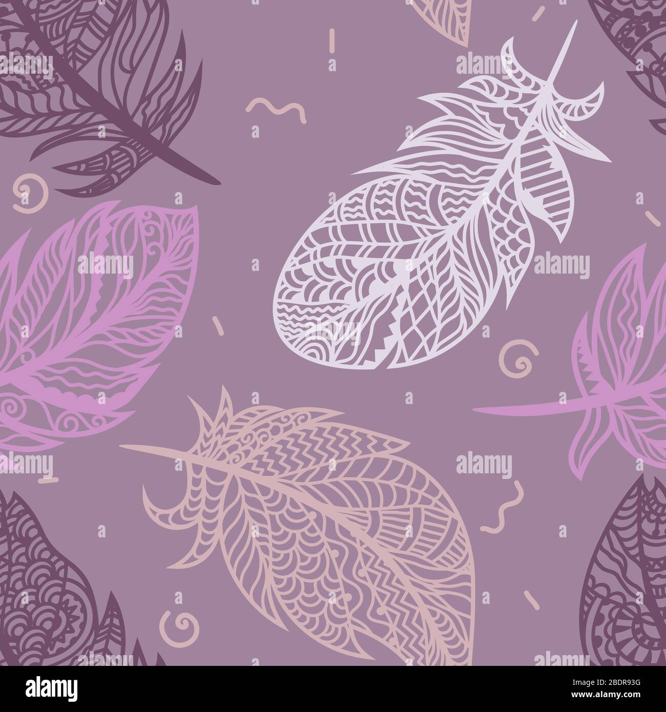 Bright colored feathers on a purple background. Vector for seamless ...