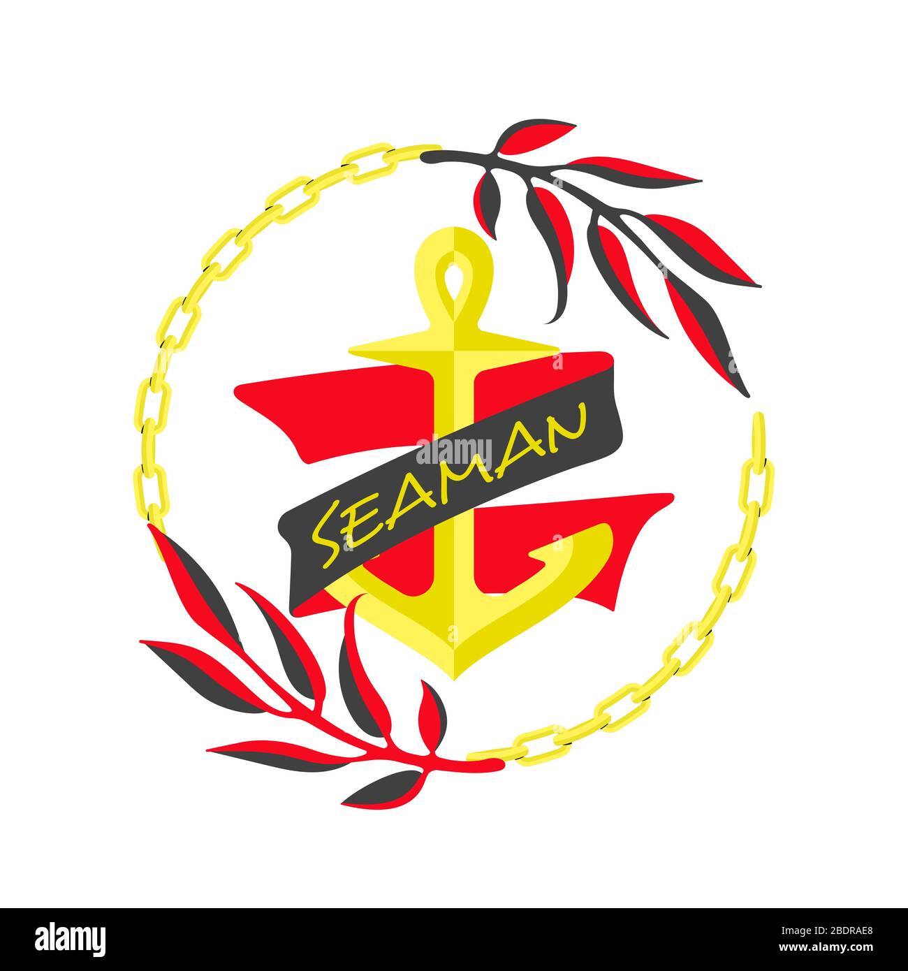 Colorful marine design with anchor and sea leaves with chains. Unique t ...