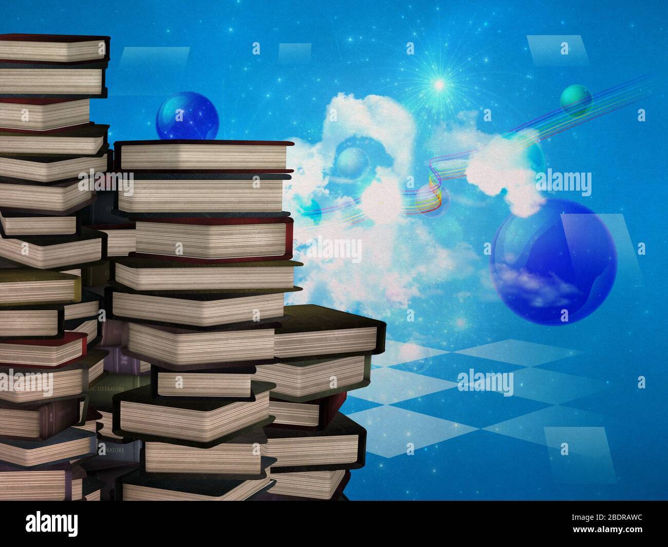 Old 3d rendered books in a stack in abstract room interior, digital ...