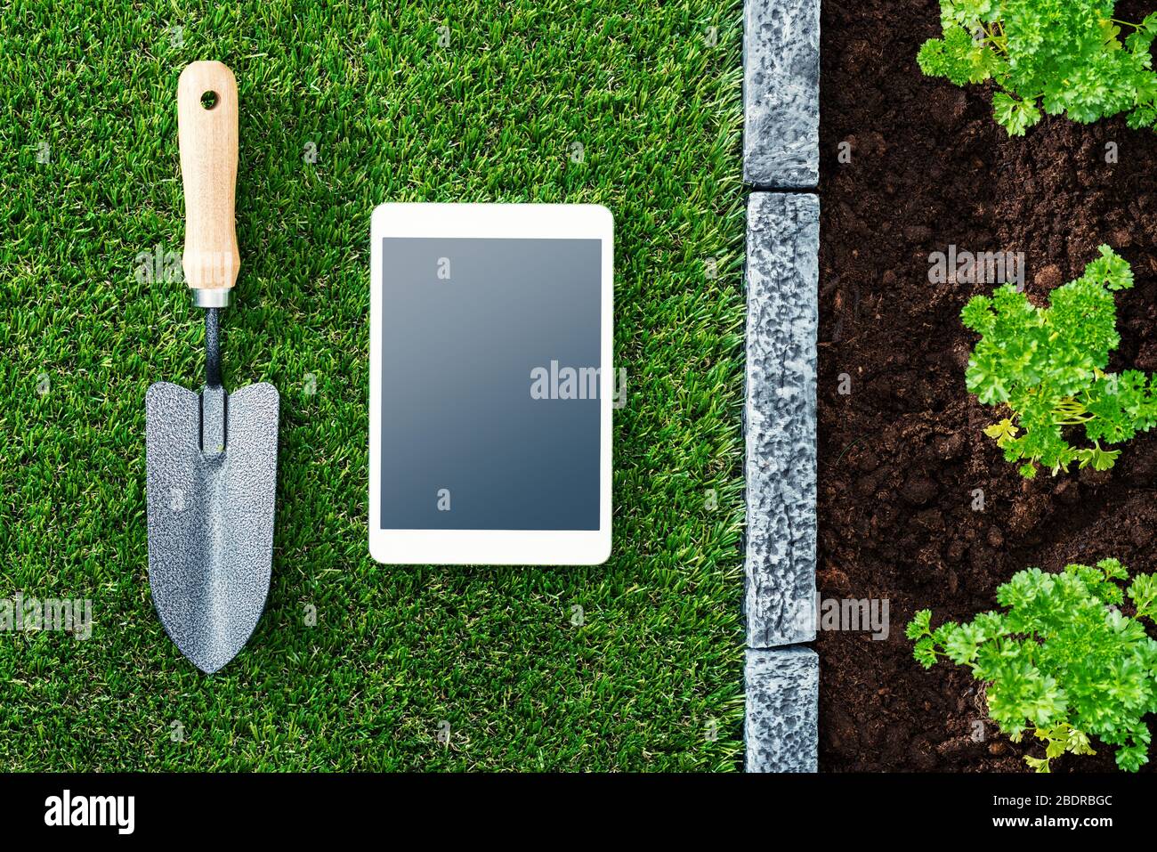 Digital tablet and gardening tools on the grass: farming app and ...