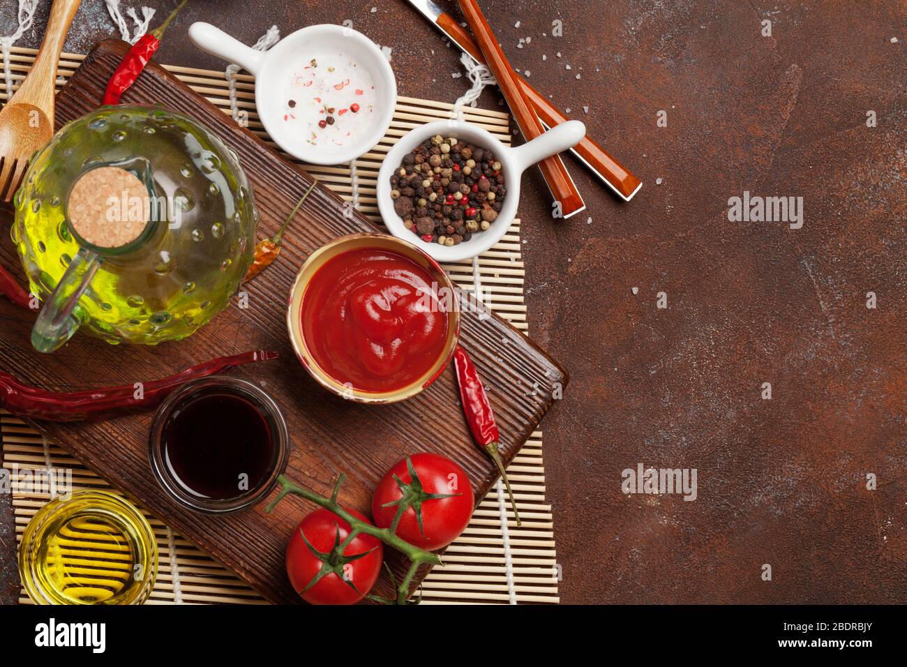 Set of various sauces. Popular sauces in bowls - ketchup, mustard ...