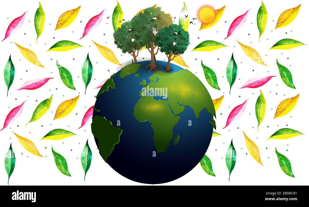 earth with green trees and sun effect on abstract leaves background ...