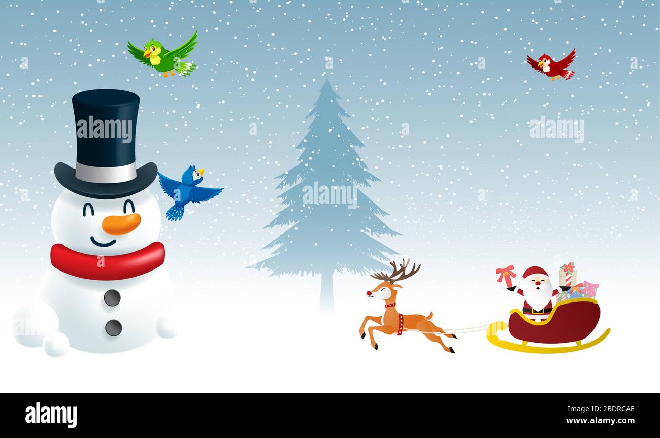 birds and animals are enjoying in winter with snowman and Santa in snow ...