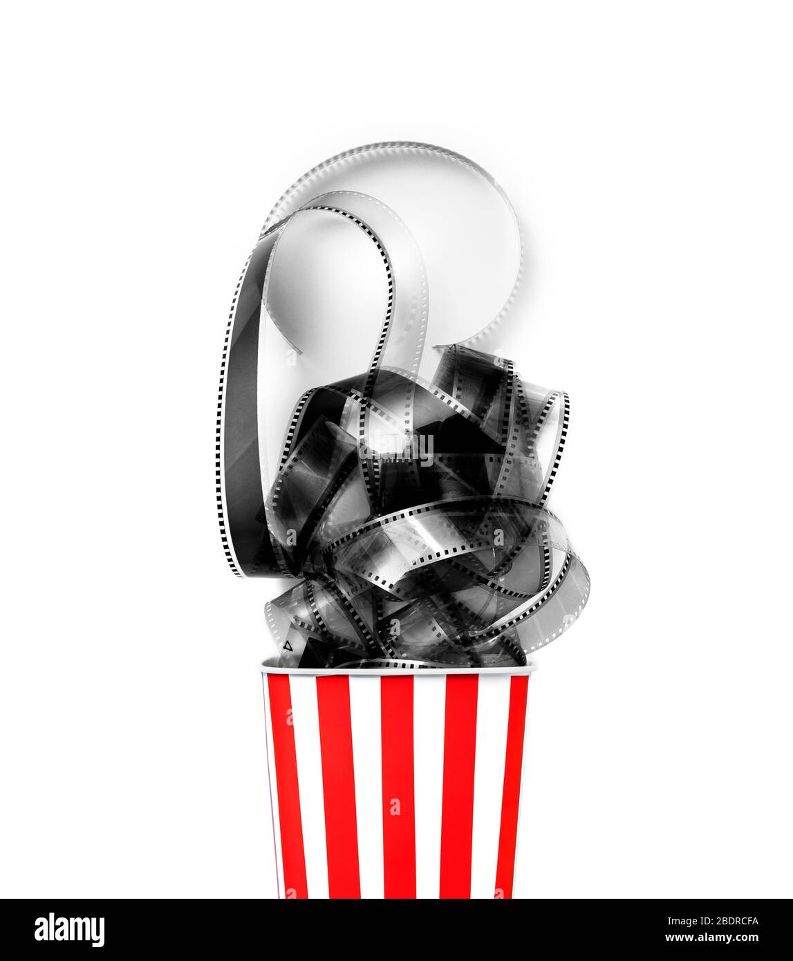 Filmstrip in a popcorn striped box on blue background, cinema and ...