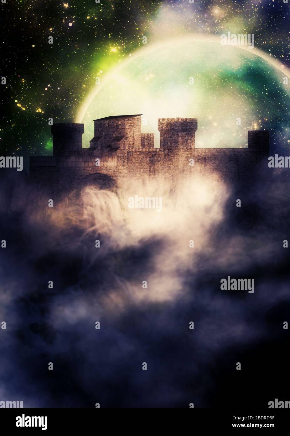 Digital rendered medieval fortress over night, starry sky background ...