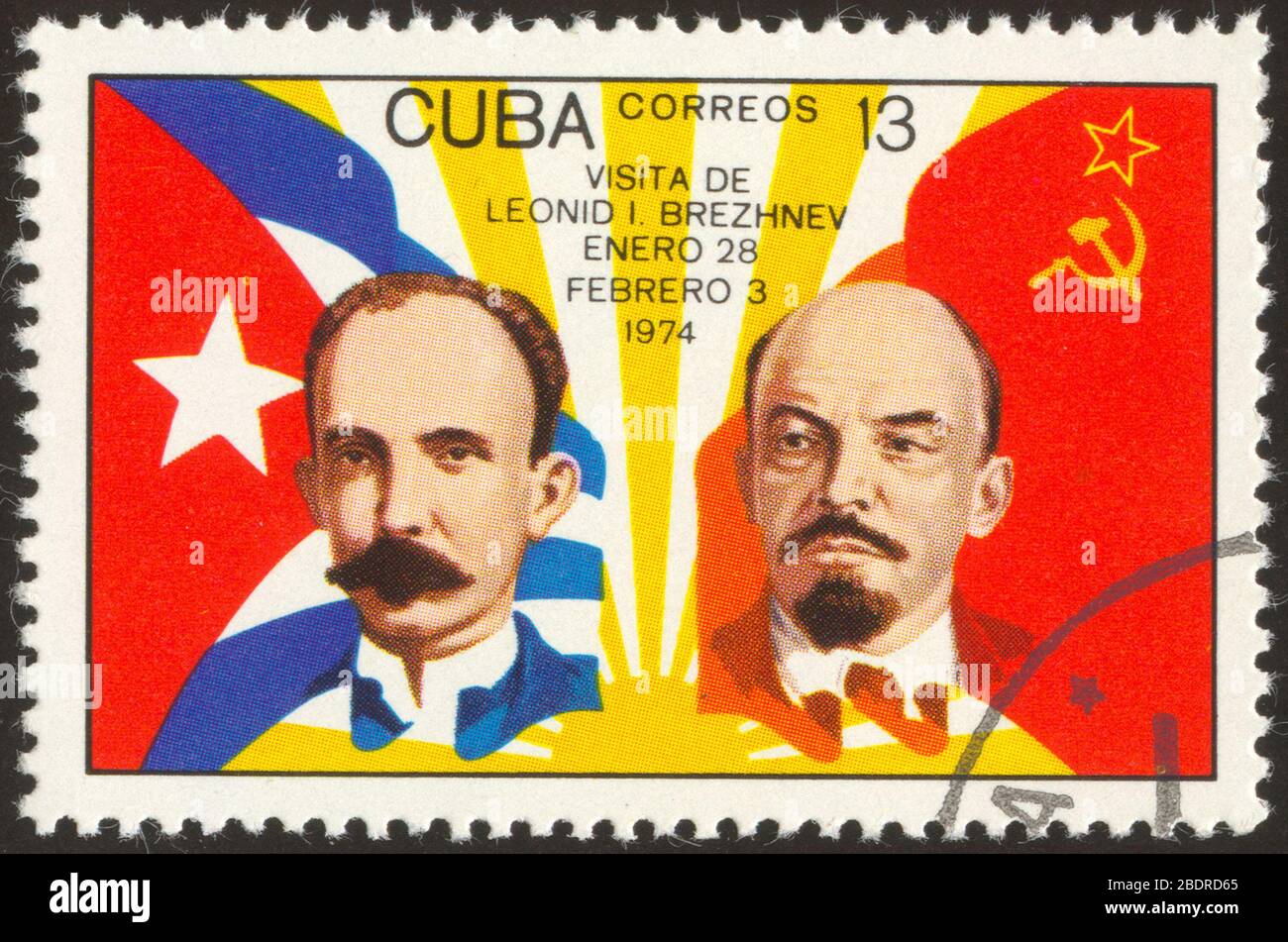 The scanned stamp. The Cuban stamp. Two men against flags Stock Photo ...