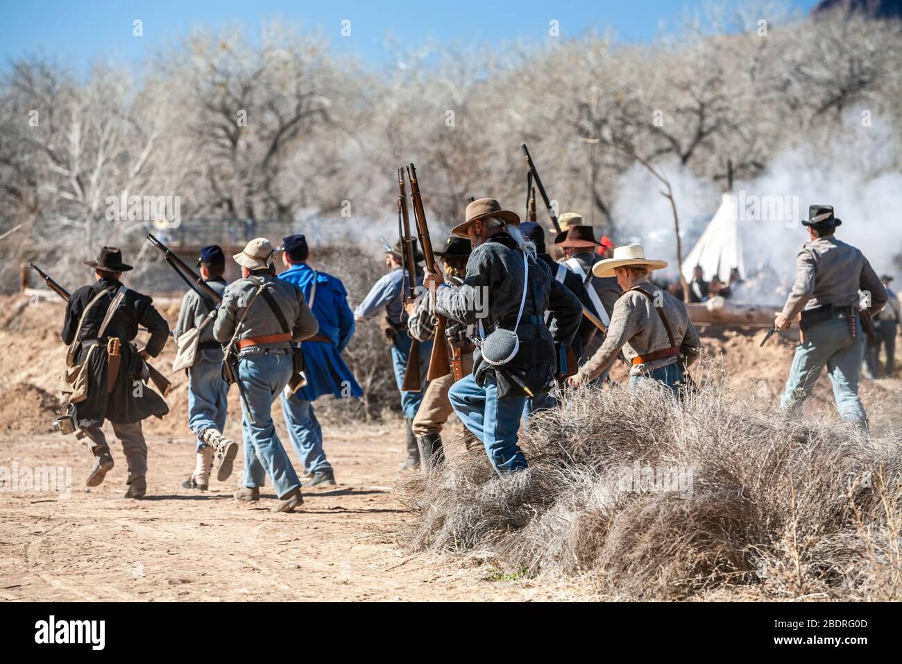 Confederate Army soldiers on the move, Civil War reenactment, near ...