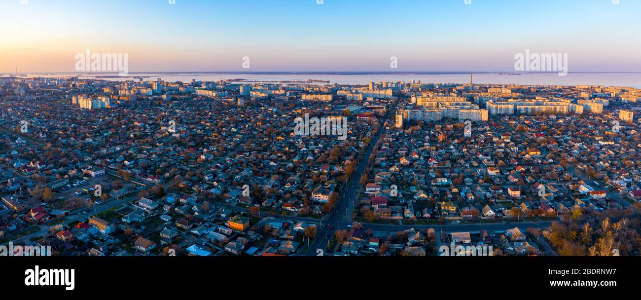 Aerial view from drone. Aerial view amazing sunset over of the suburbs ...