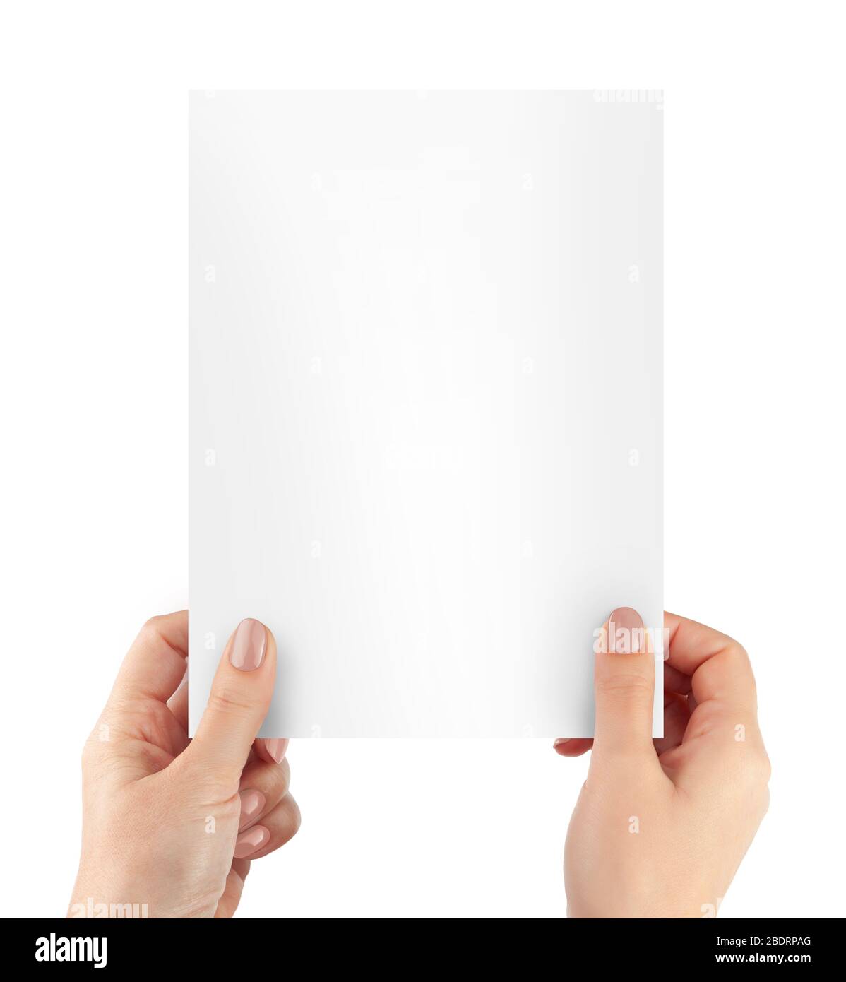 Woman hands holding blank paper sheet A4 size or letter paper isolated on white background. With ...
