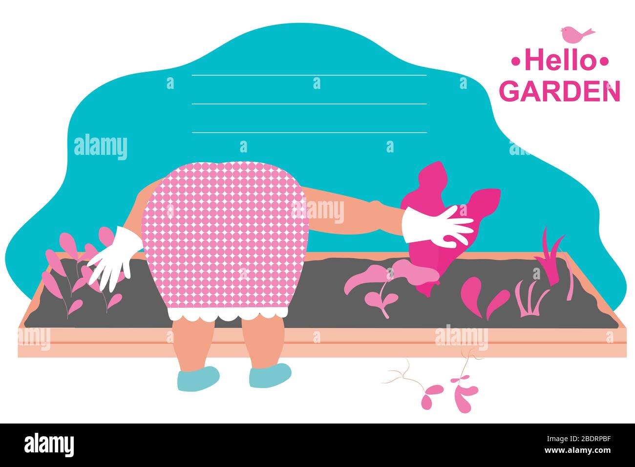 Vector funny greeting card. Woman gardener is planting a seedling and ...