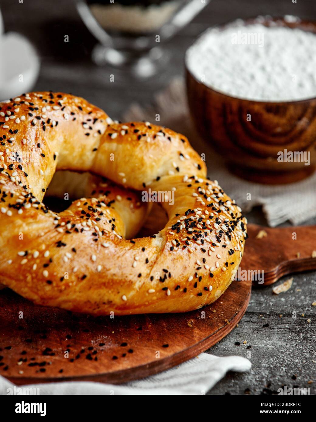circular pastry encrusted with sesame and fennel flower seeds Stock ...