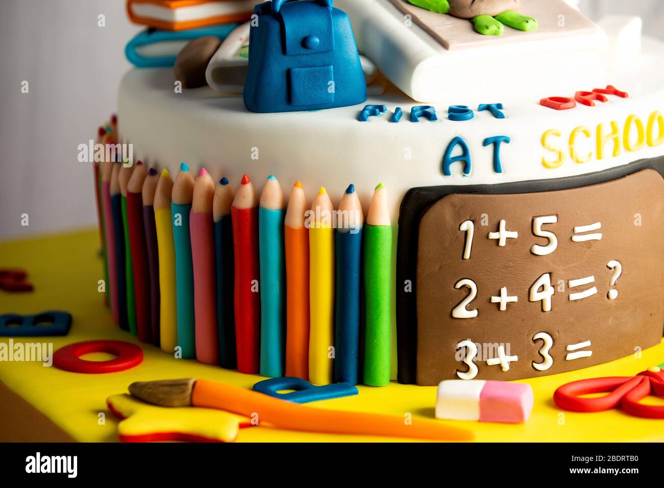 First School Day Cake Themed Cake Colourful Pencil Decorations Stock first-school-day-cake-themed-cake-colourful-pencil-decorations-stock