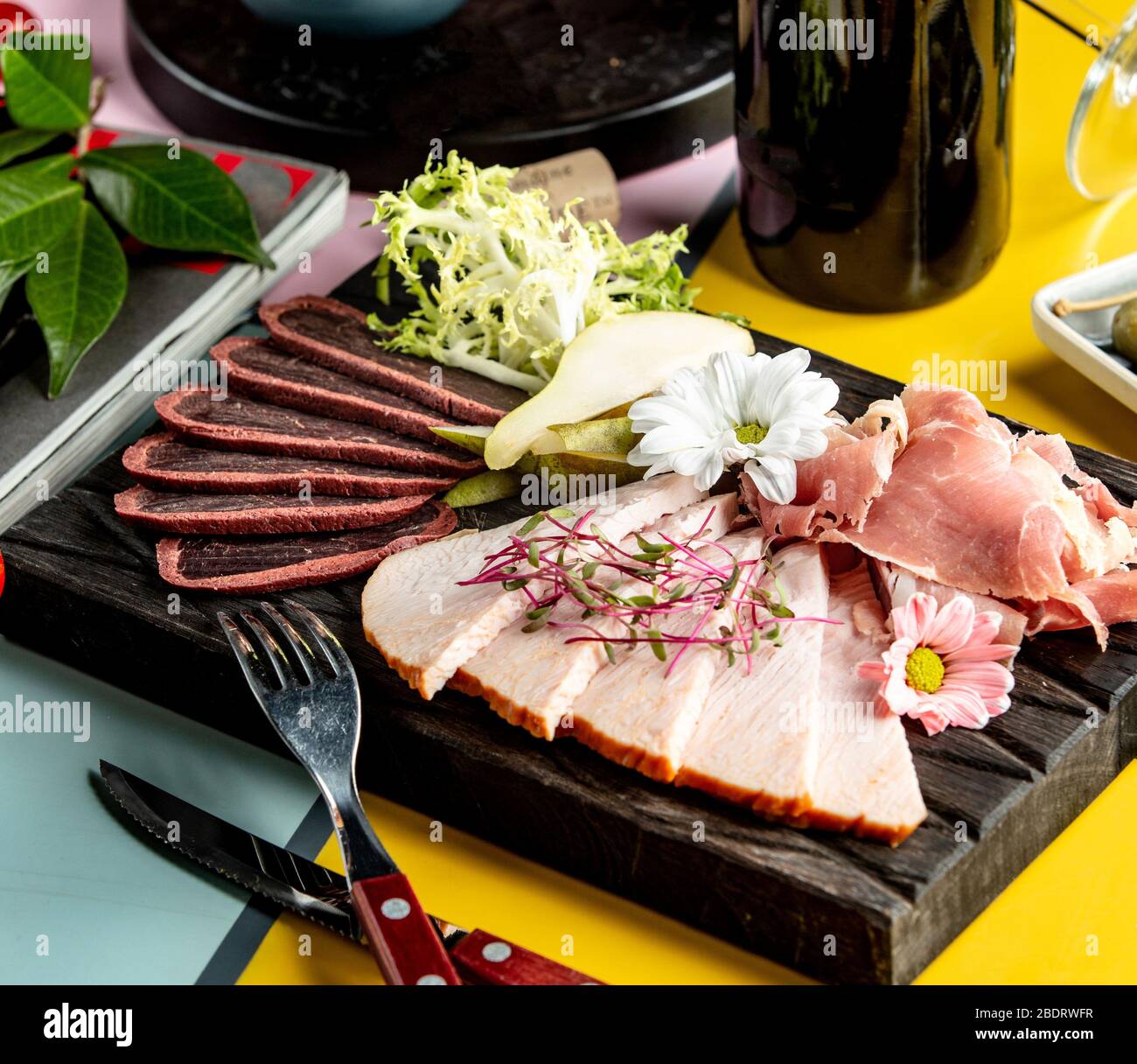 meat antipasto platter with turkey salami sliced ham and pear Stock ...