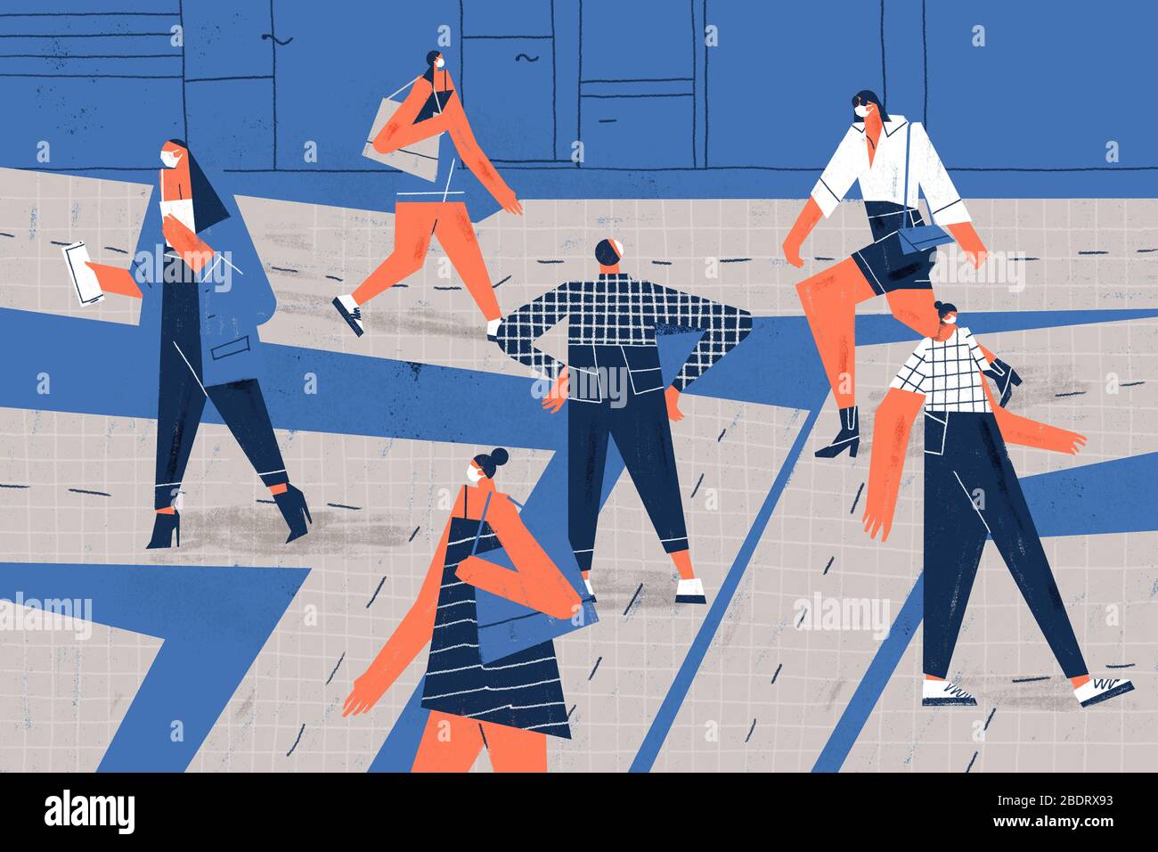 Adults and businesspeople walking down sidewalk keeping safe distance ...