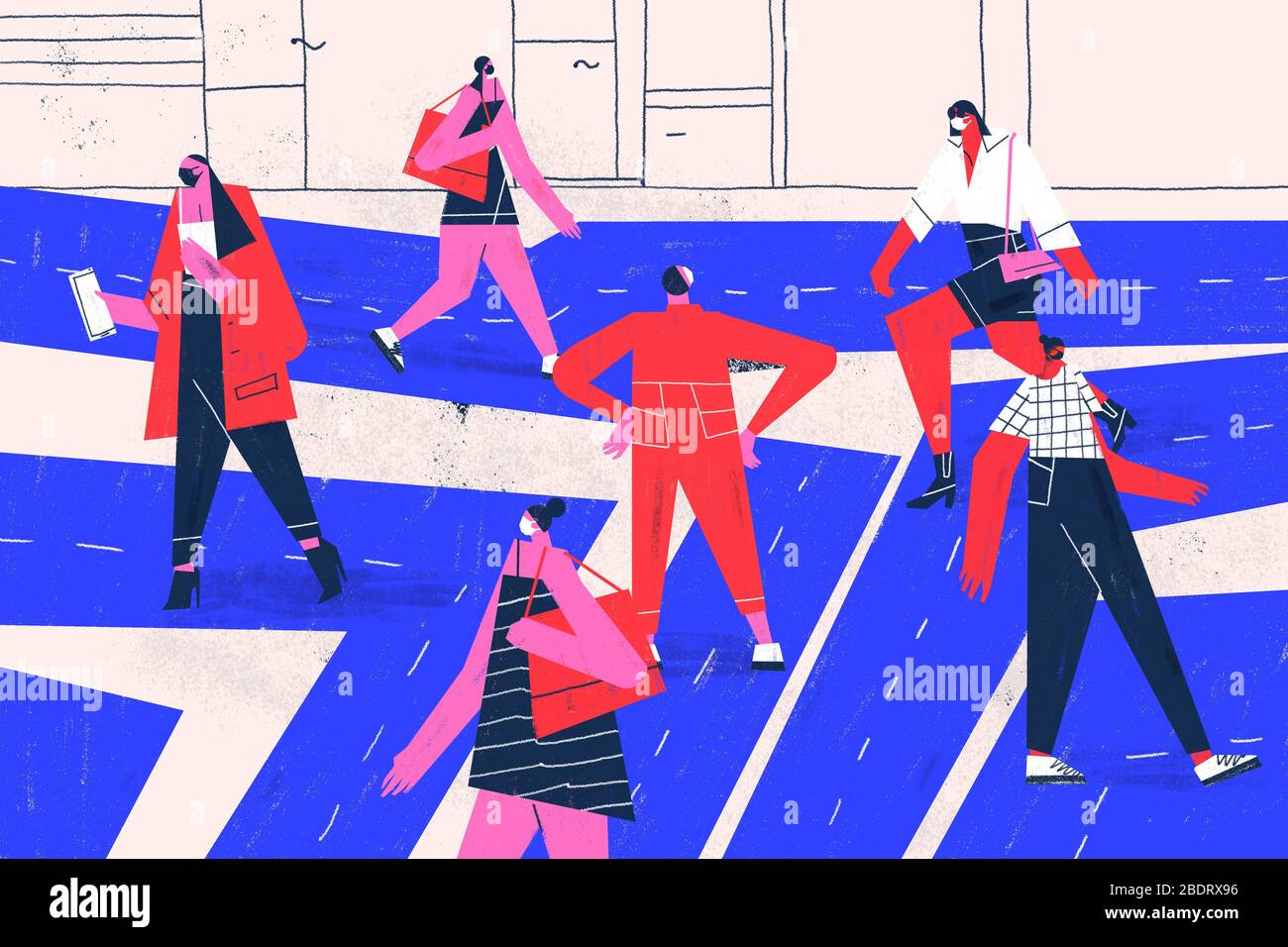 Adults and businesspeople walking down sidewalk keeping safe distance ...