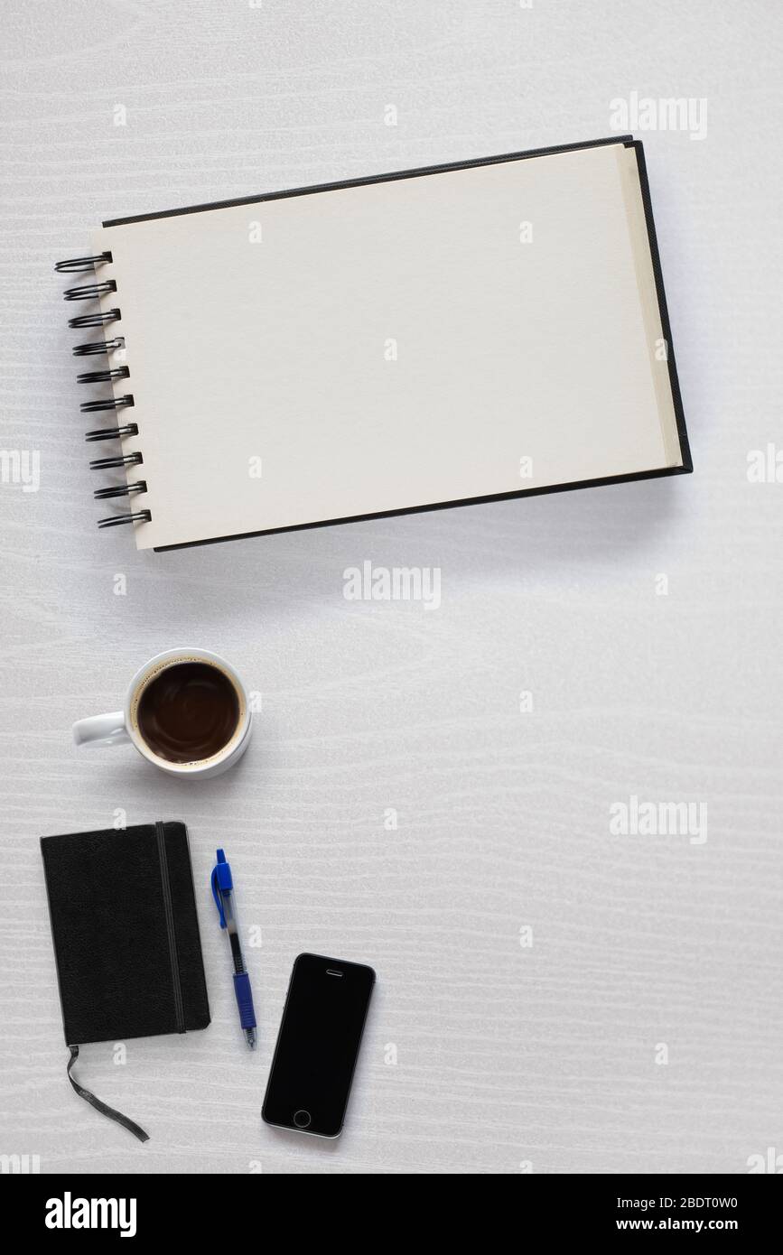 Flat lay of objects related to work from home, writing and drawing ...