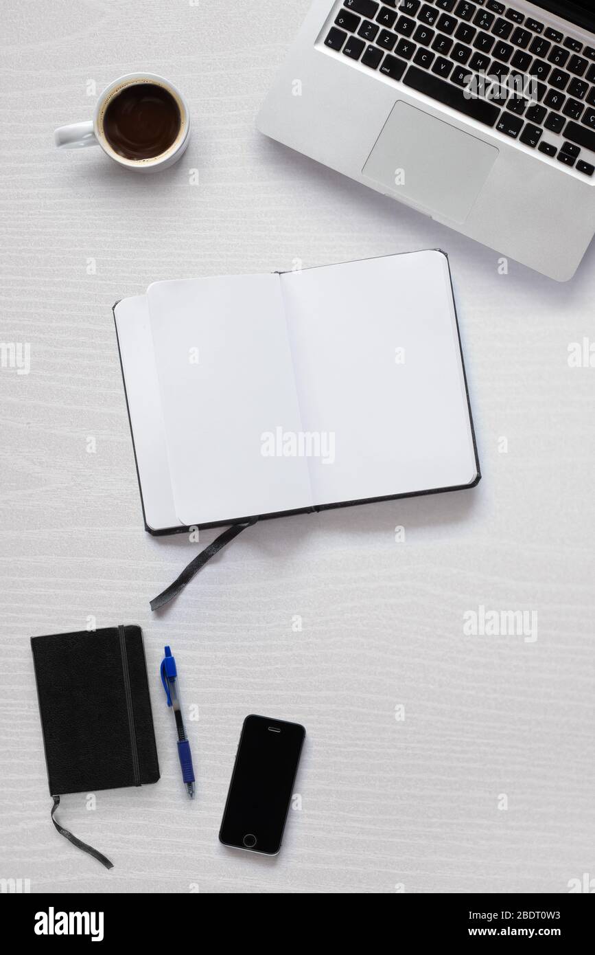 Flat lay of objects related to work from home, writing and drawing ...