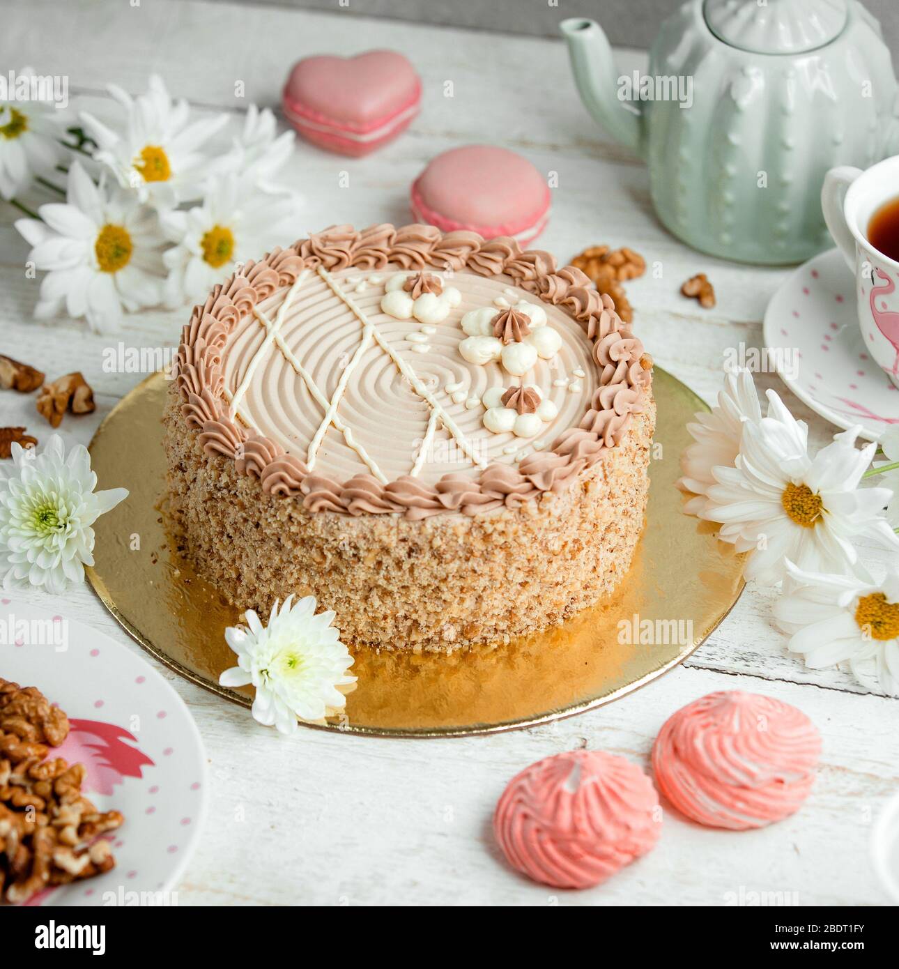 azerbaijani traditional absheron cake decorated with cream flowers ...