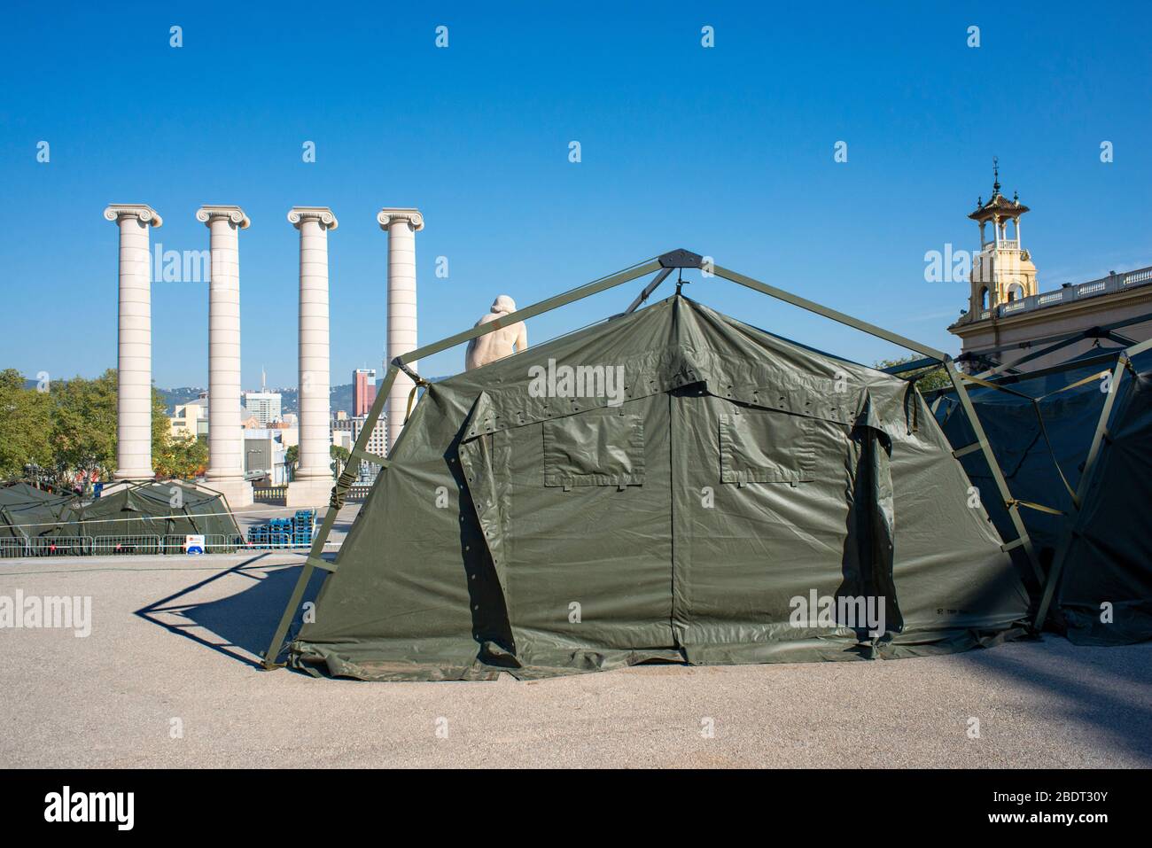 Congress palace in Monjuic, Barcelona, Spain. Camp set up by the ...