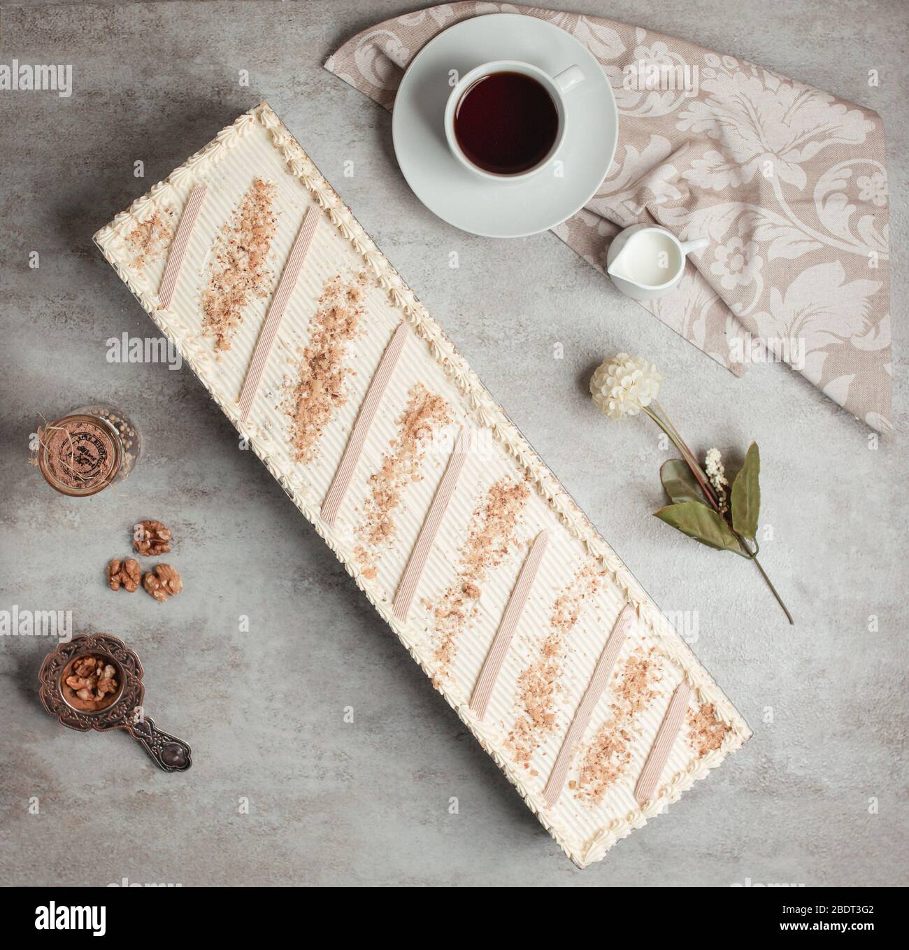 top view of long absheron cake served with tea Stock Photo - Alamy