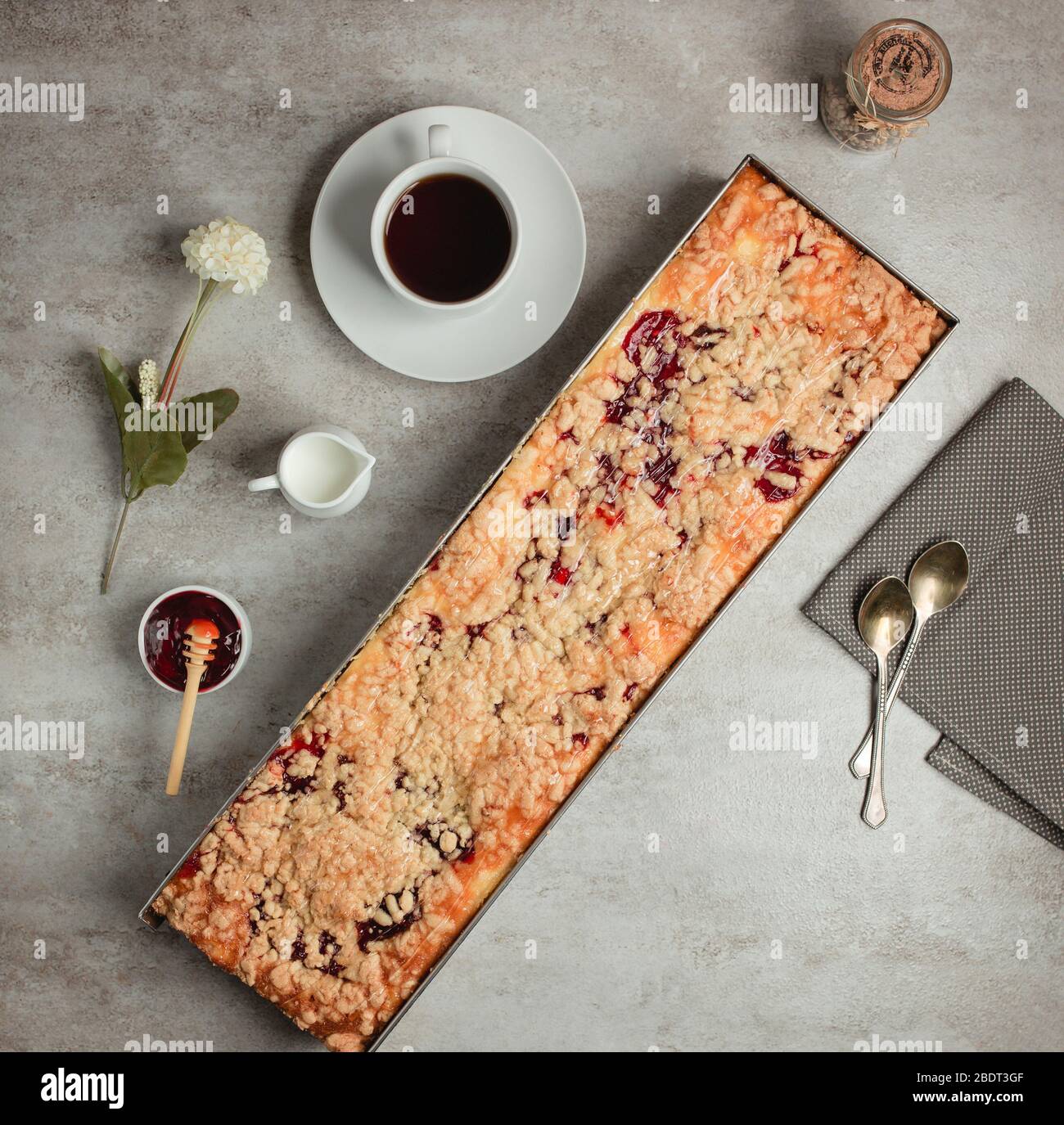 top view of long pie with berry jam Stock Photo - Alamy