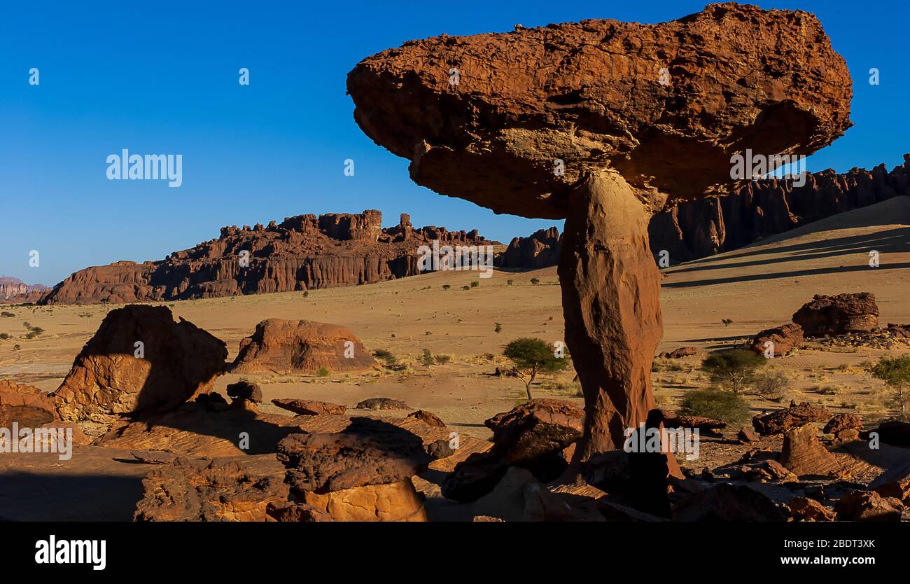 Sandstone towers in form of mushroom in the Ennedi desert of Chad ...