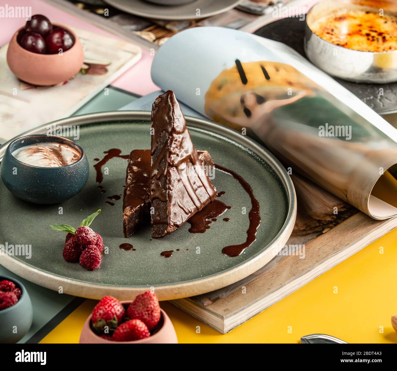 triangle shaped chocolate brownies served with ice cream Stock Photo ...