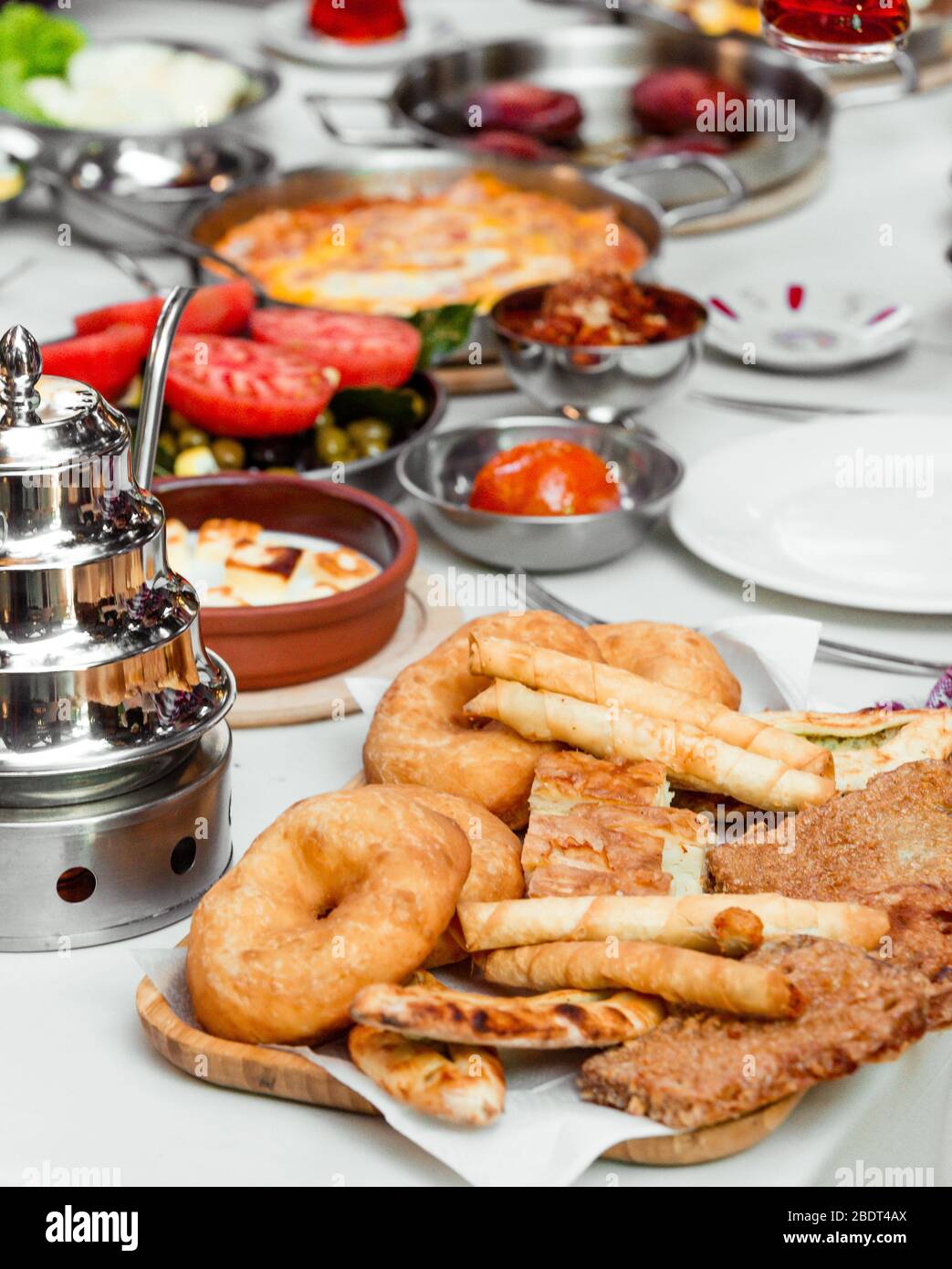 turkish breakfast setup with pastry platter with finger bourak and ...