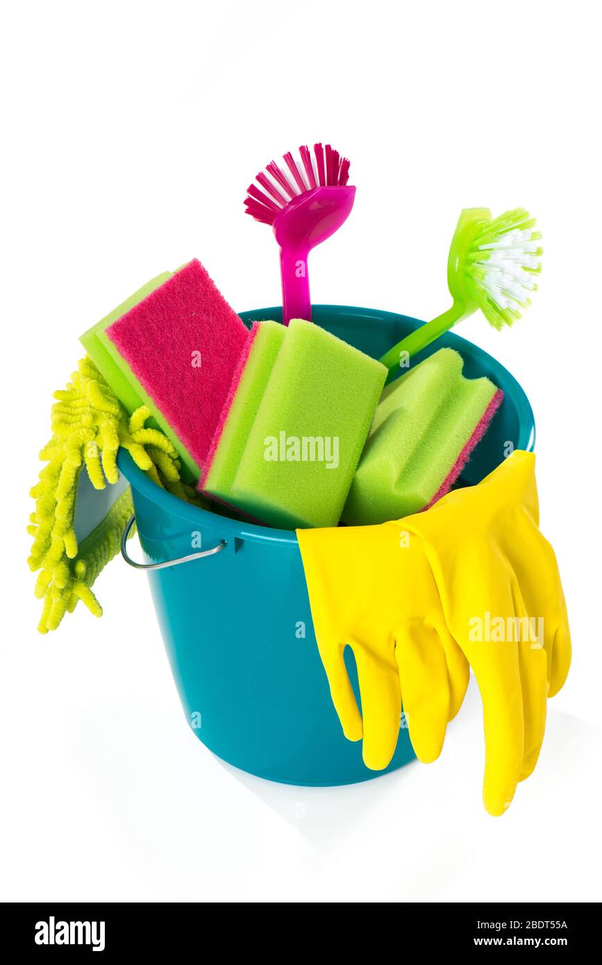 Various cleaning utensils isolated on white background Stock Photo - Alamy